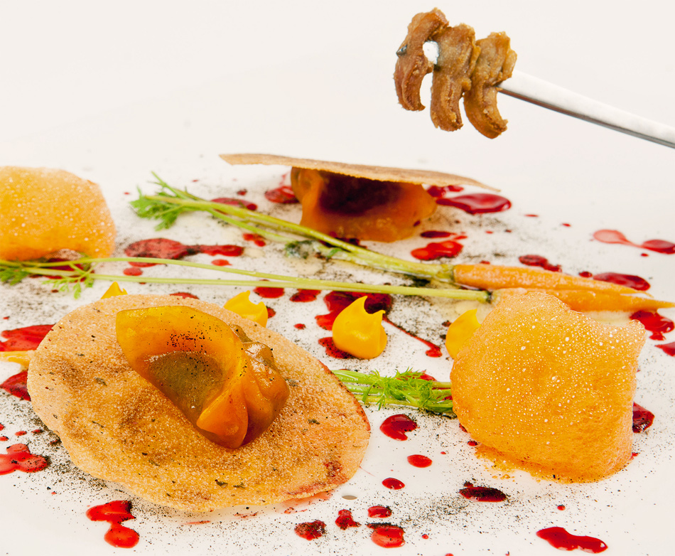 Posticker Shanghai de pato, zanahoria y kétchup de tomatillo de árbol ...