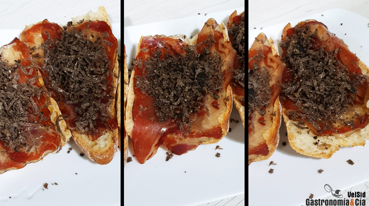 Tosta de pan gallego con cabeza de lomo ibérico, trufa negra y aove, un ...